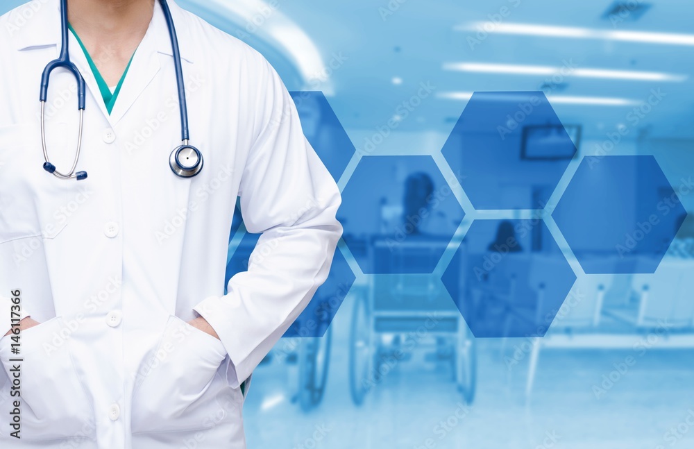 smart doctor with a stethoscope around his neck on the hospital blurred ...