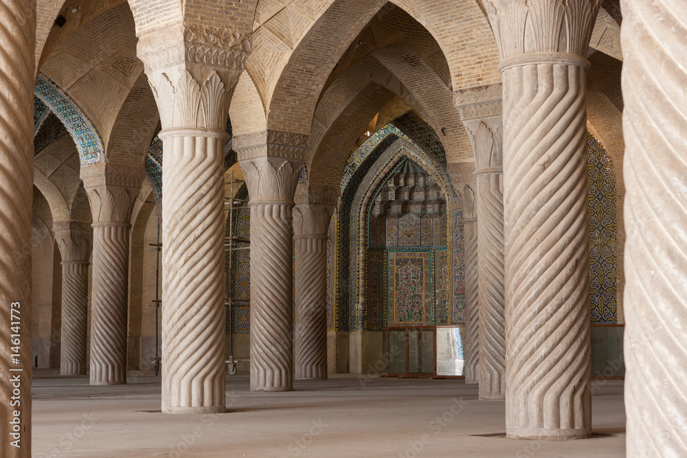 Columns of Nasir al-Mulk Mosque in Shiraz, Iran. Old iranian mosque ...