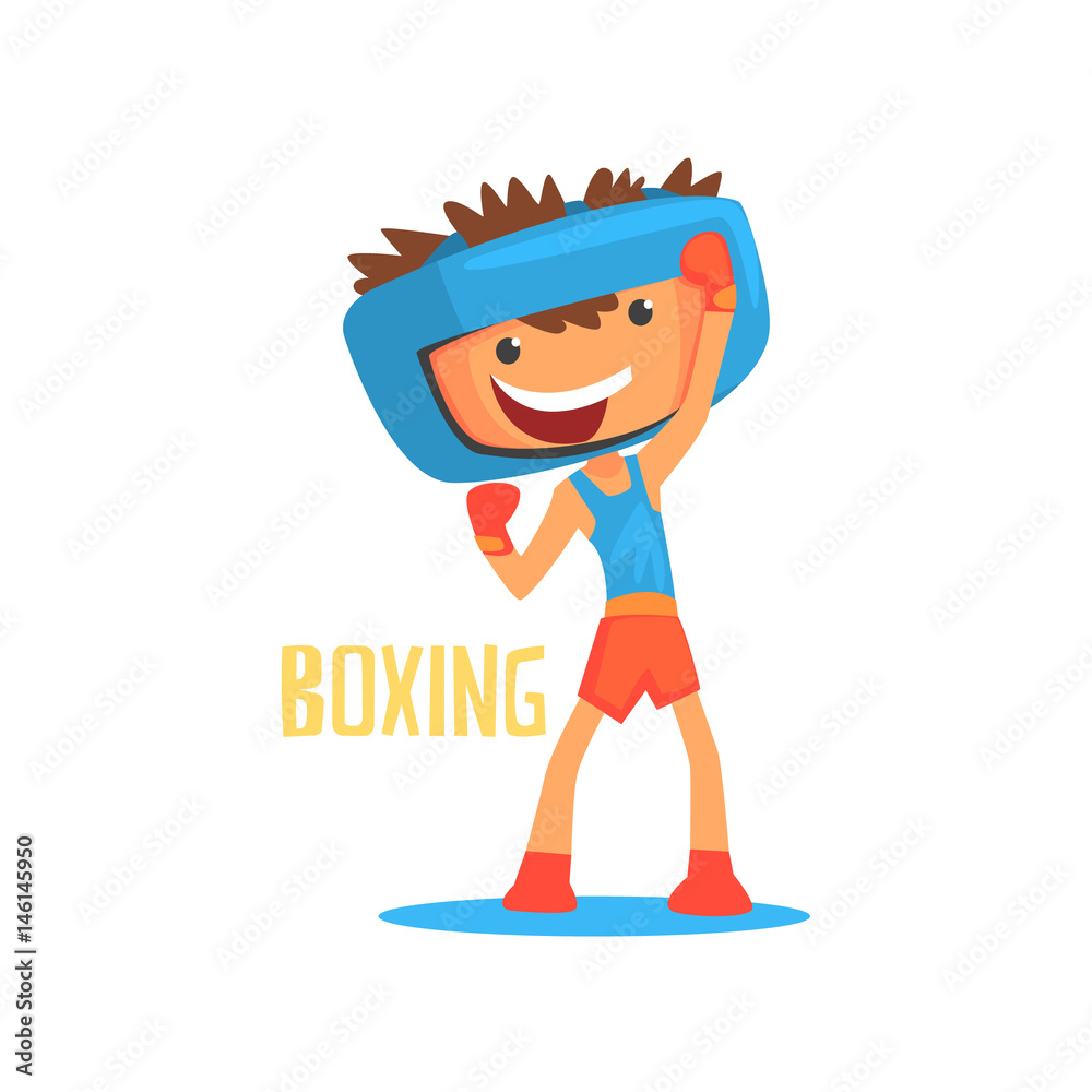 Smiling boy boxer with boxing gloves and helmet. Colorful cartoon ...