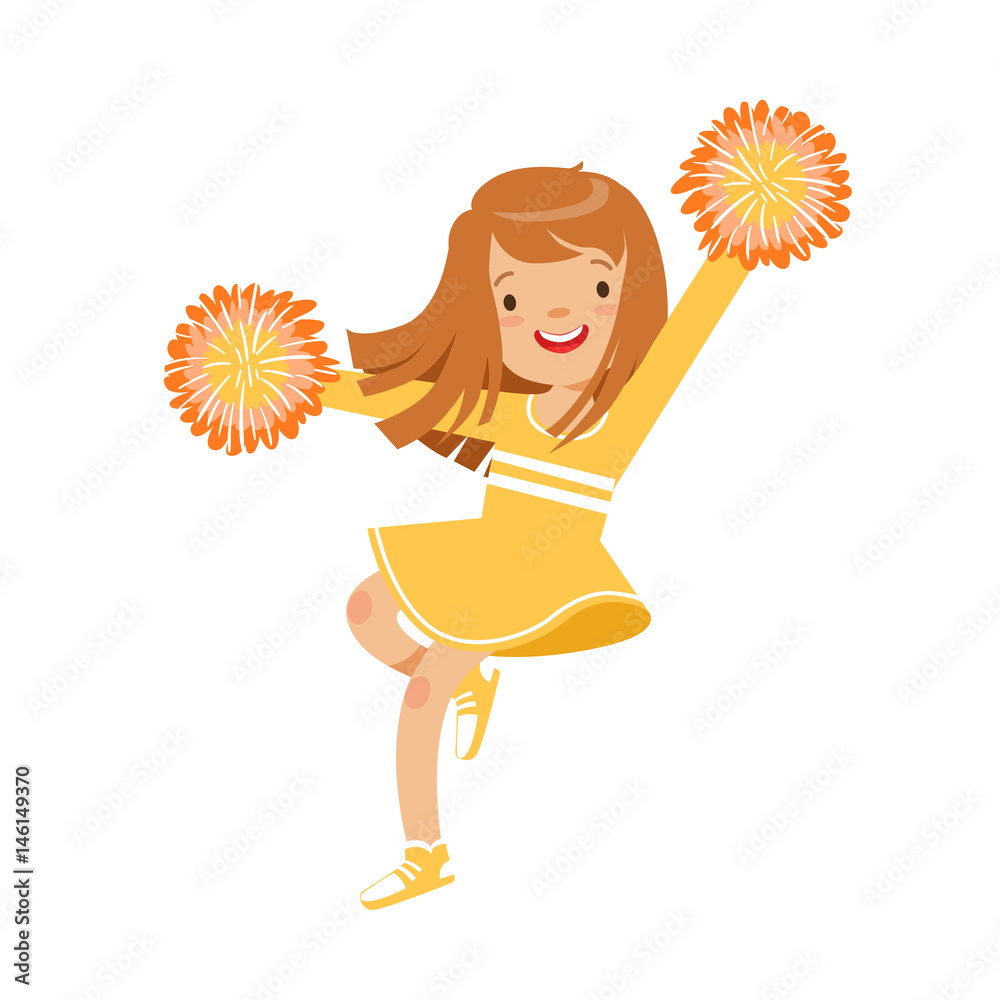 Happy little cheerleader girl dancing with yellow pompoms. Colorful ...