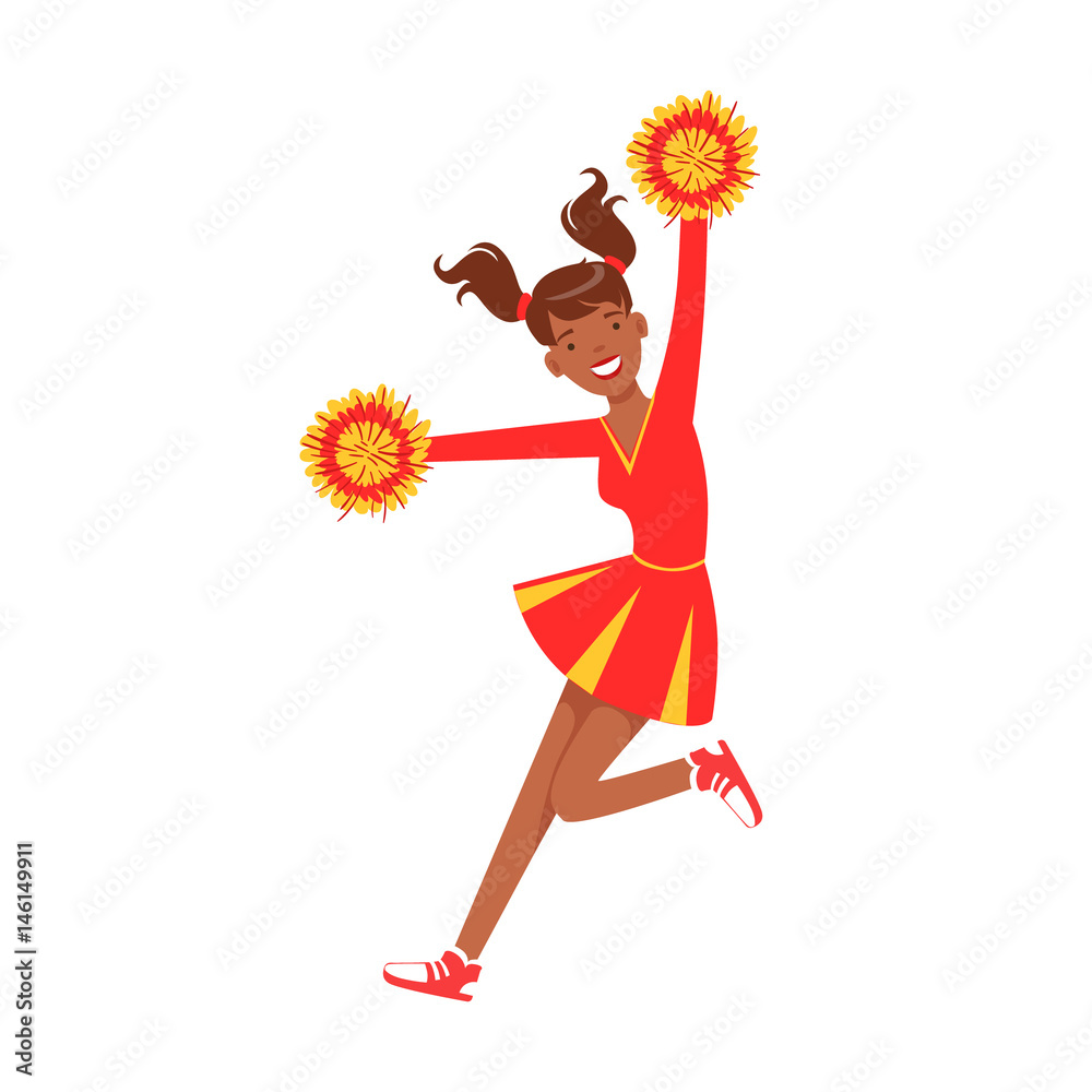 Cheerleader girl jumping with red and yellow pompoms. Colorful cartoon ...