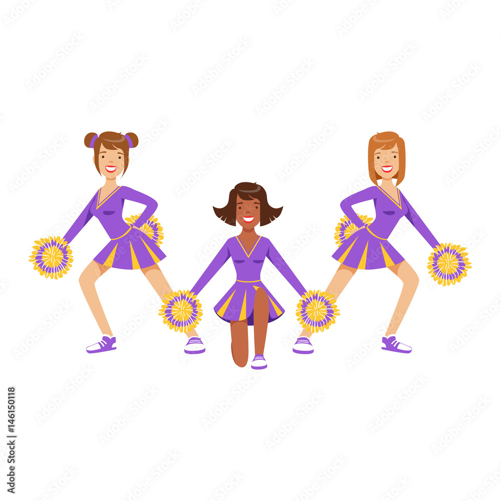 Cheerleader girls with pompoms dancing to support football team during ...