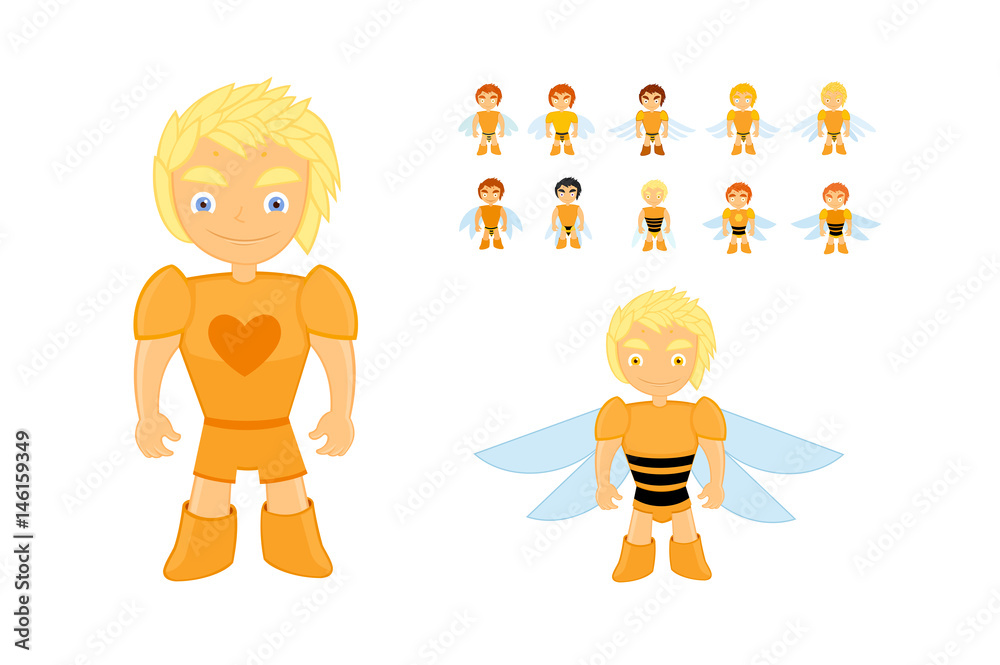 Cute bee man character with wings. Set of vector bee characters.Cute ...