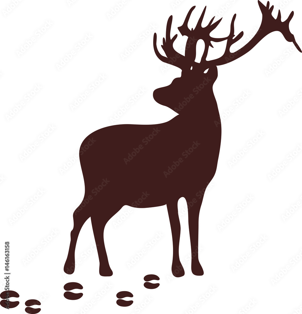 Stag silhouette with the trails on an isolated background. Footprints ...