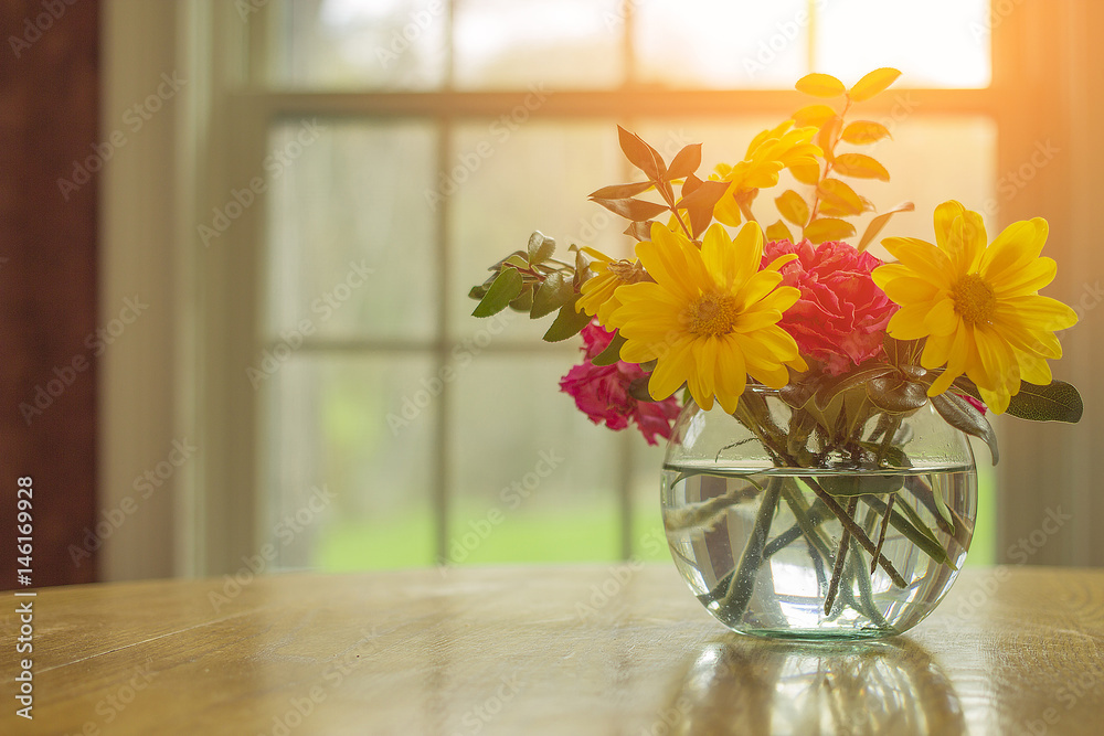 Sprint flowers assorted in vase with spring weather outside and open ...