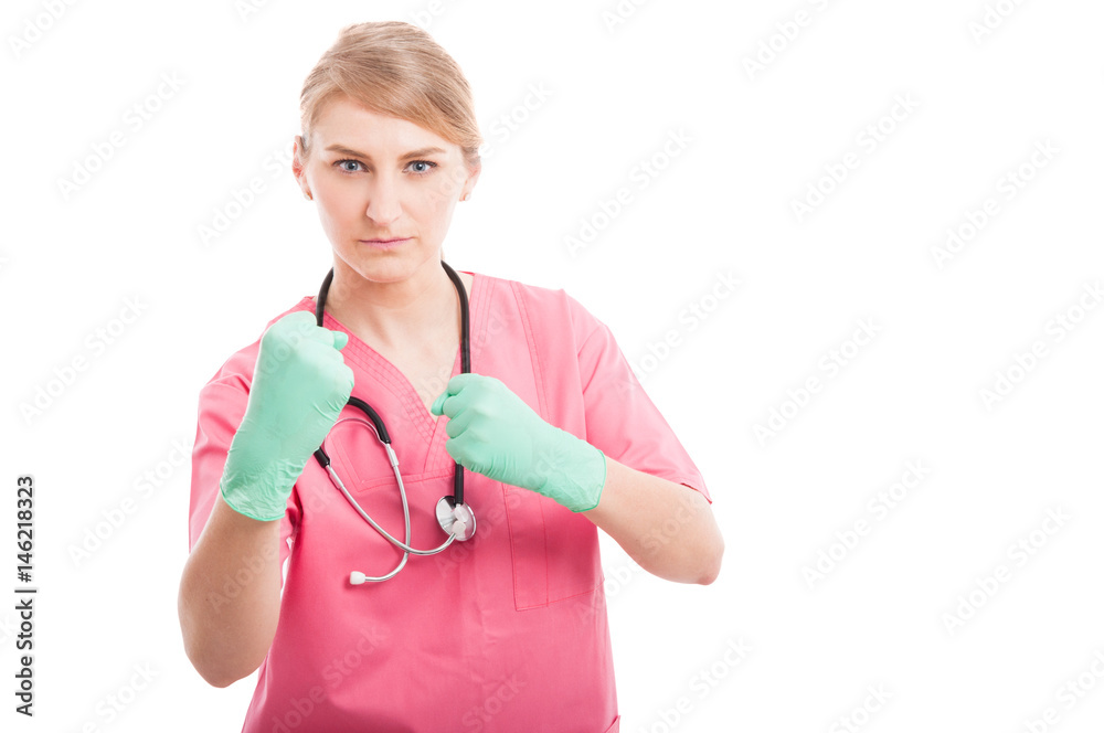 Female medical nurse standing in fighting position Stock Photo | Adobe ...