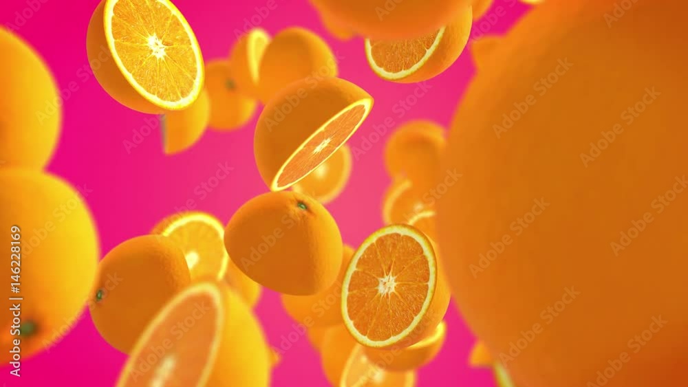 3D animation of digitally generated oranges floating against pink ...