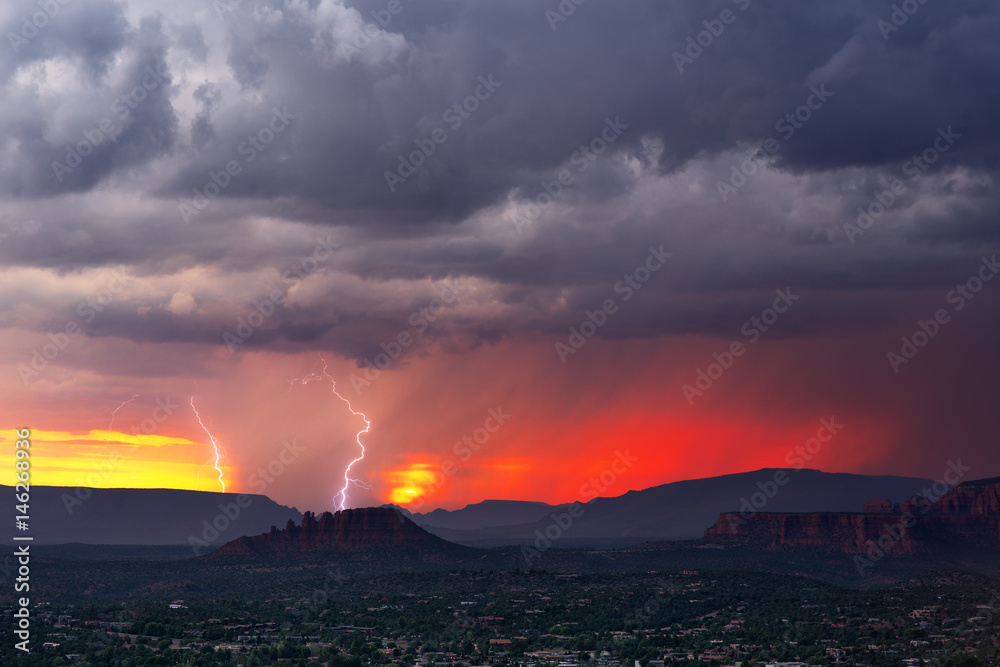 Dramatic sky at sunset with lightning Stock Photo | Adobe Stock