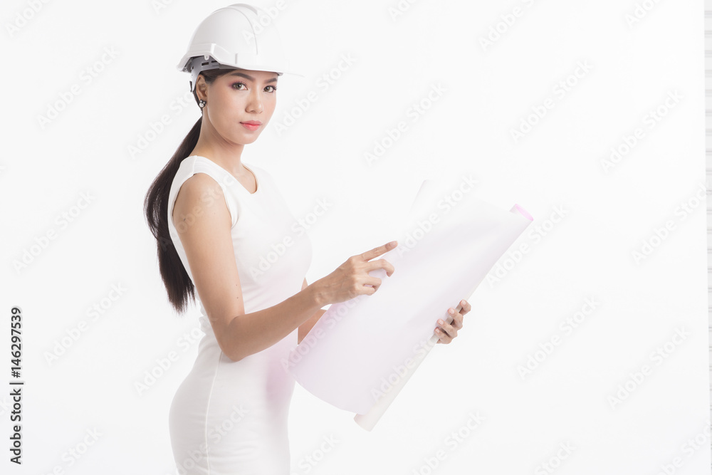 Sexy girl structural engineer holding drafting paper Stock Photo ...