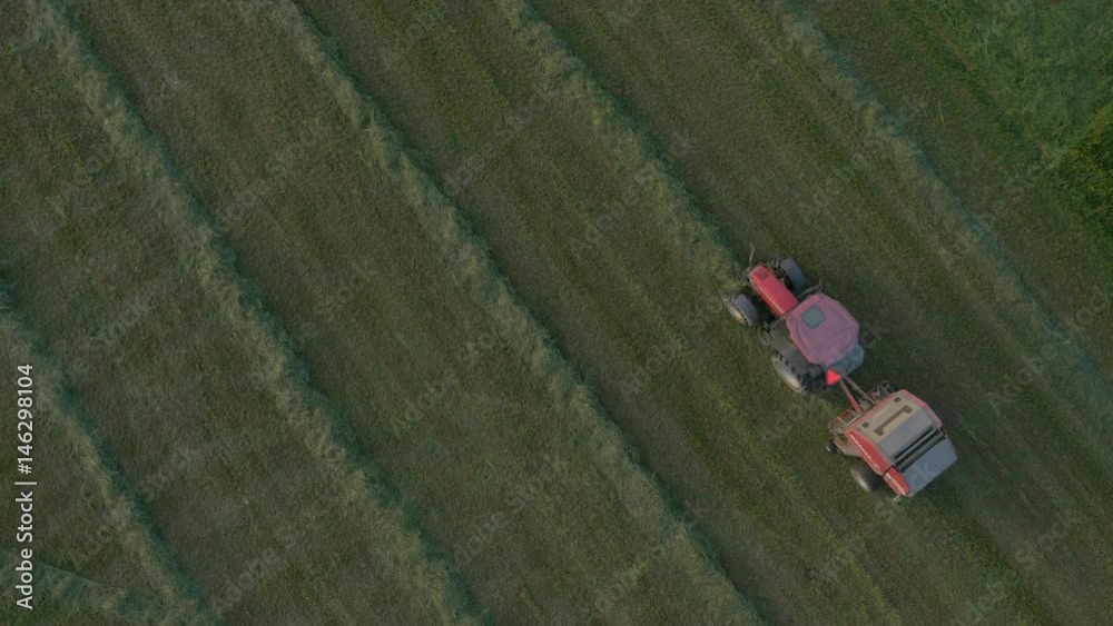 The tractor is driving on the fields after harvesting and forming the ...