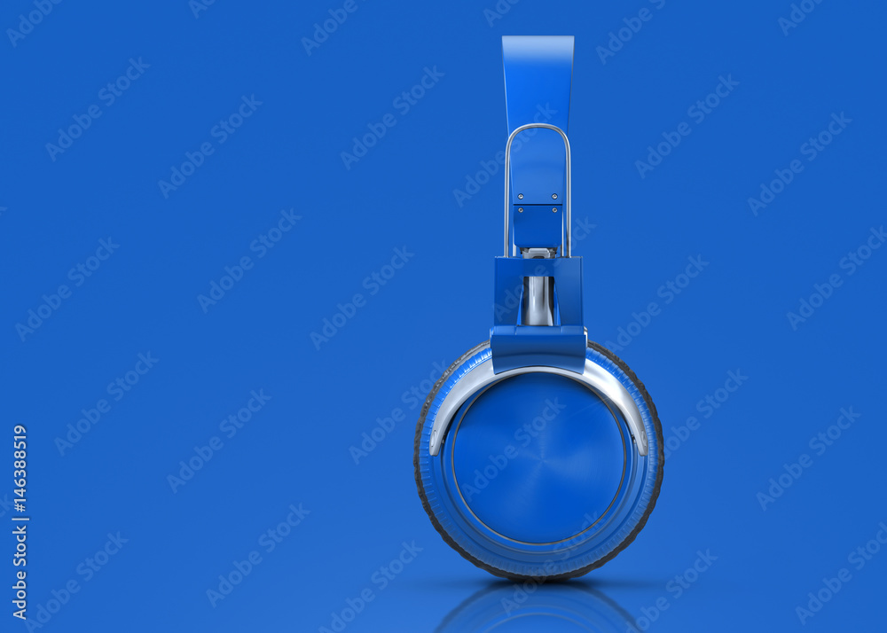 Realistic Blue Modern headphones on blue background. Side view. Audio ...