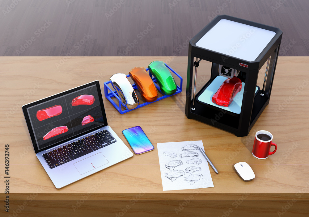 3D printer, laptop and product color samples. CMF(Color, Material and ...