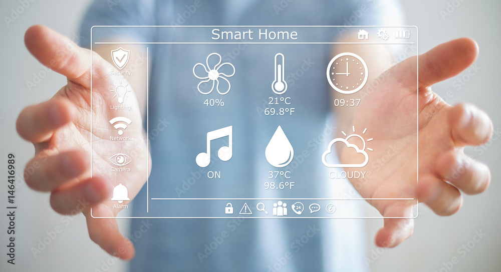 Businessman using smart home digital interface 3D rendering Stock-Foto ...