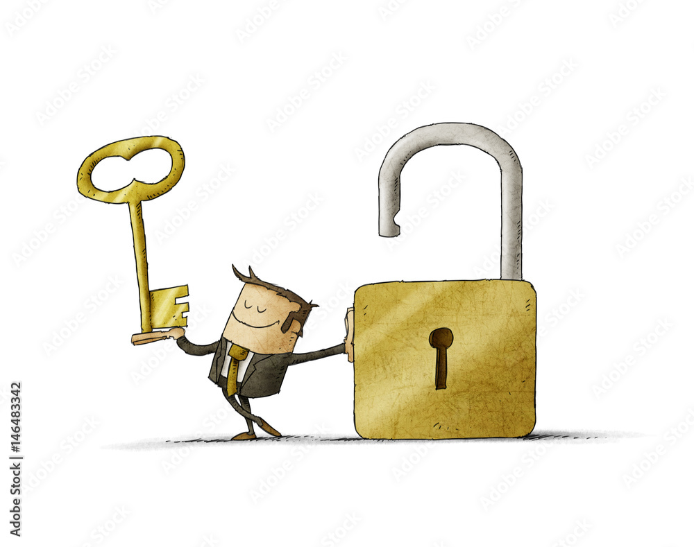 Businessman with a key in a hand and an opend padlock. It is a metaphor ...