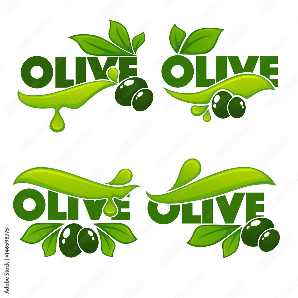 green olive leaves, lettering compositions and oil splashes , vector ...