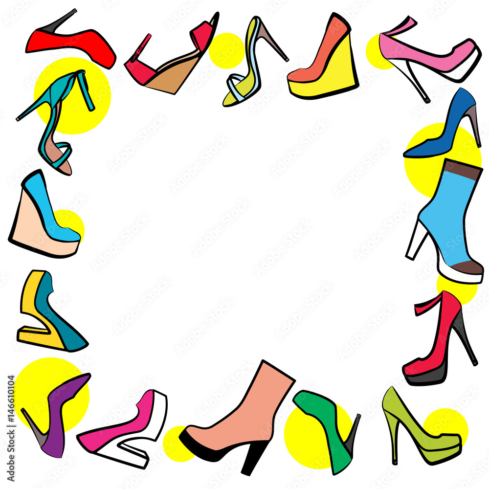 Round frame of multi-colored female shoes on a white background Stock ...