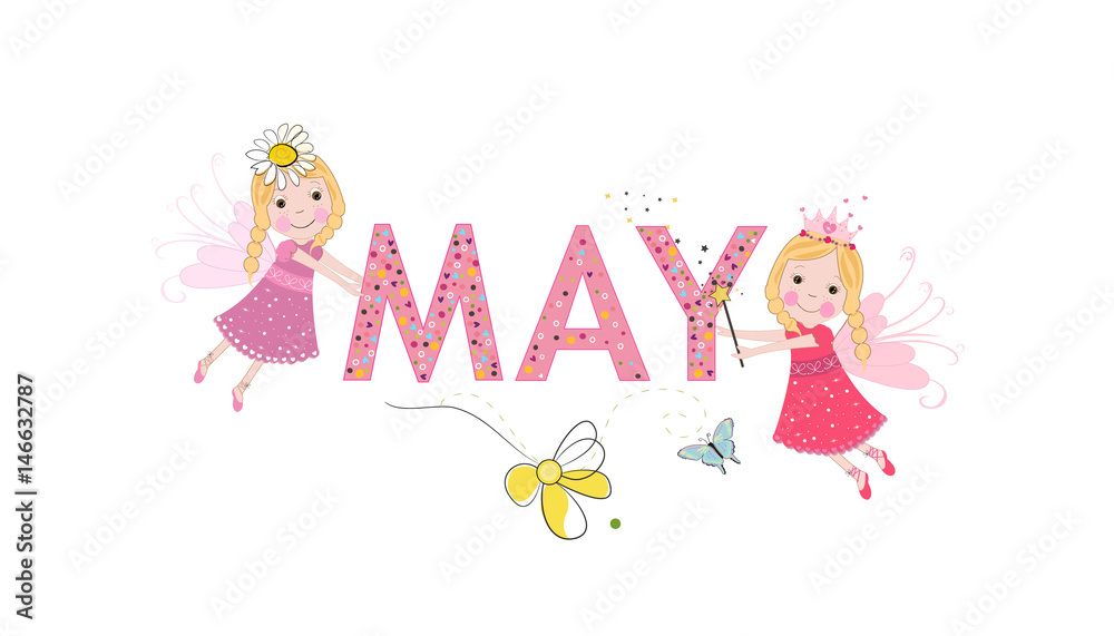 May text with cute fairy tale. May and spring time background Stock ...