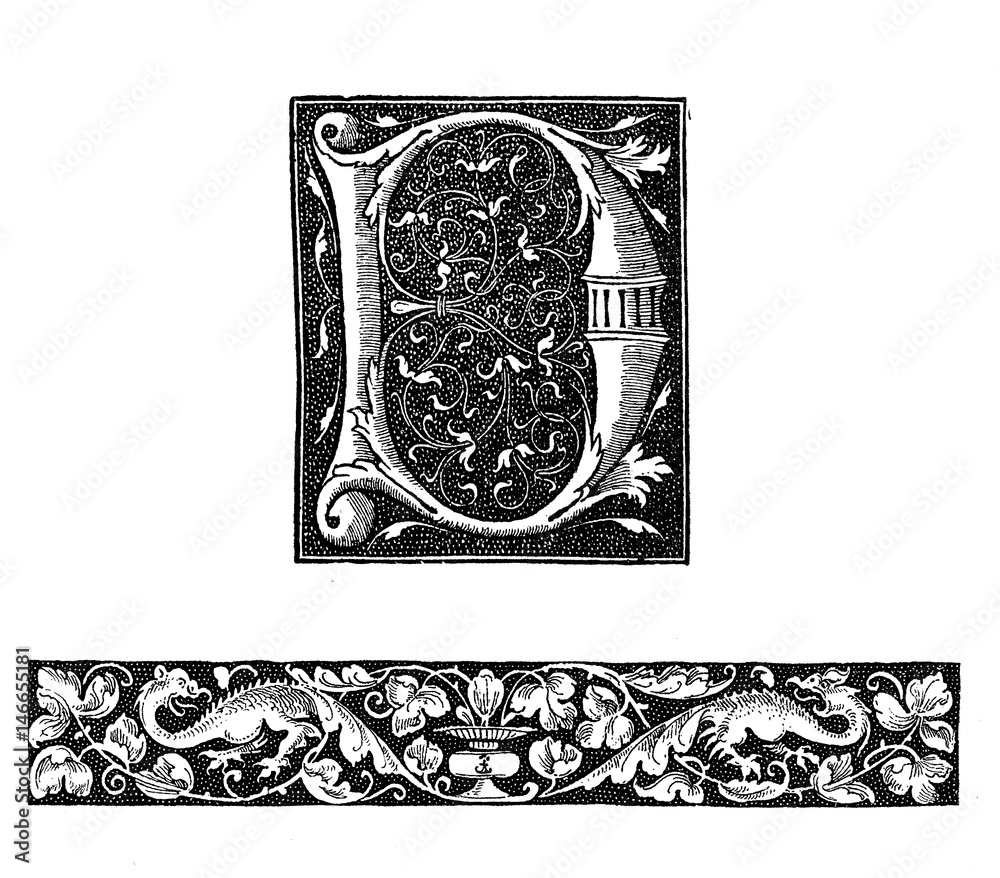 XVI century artworks, decorated capital letter D and typographic ...