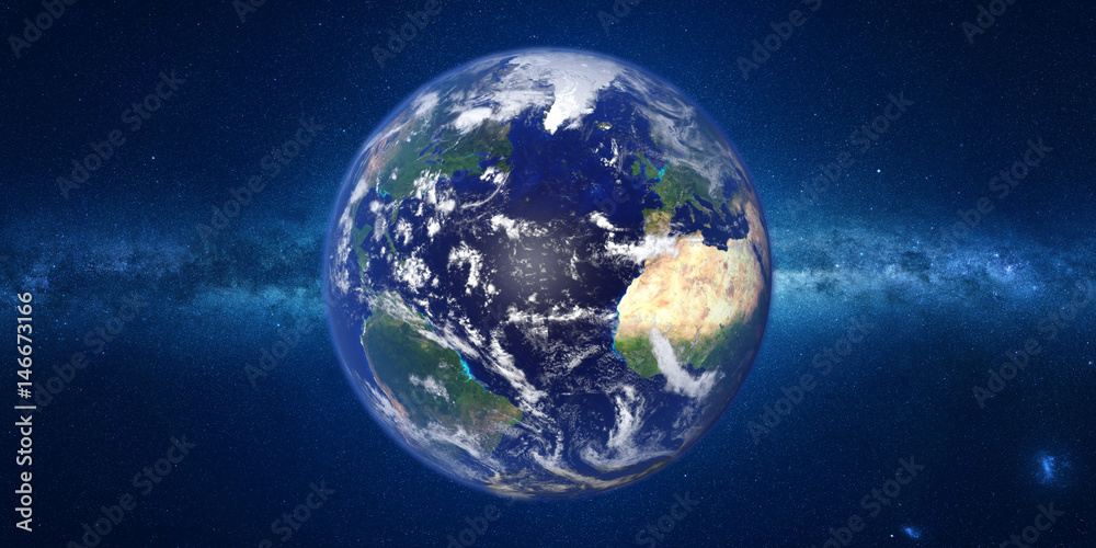 planet Earth in front of the Milky Way galaxy, stylized 3d render Stock ...
