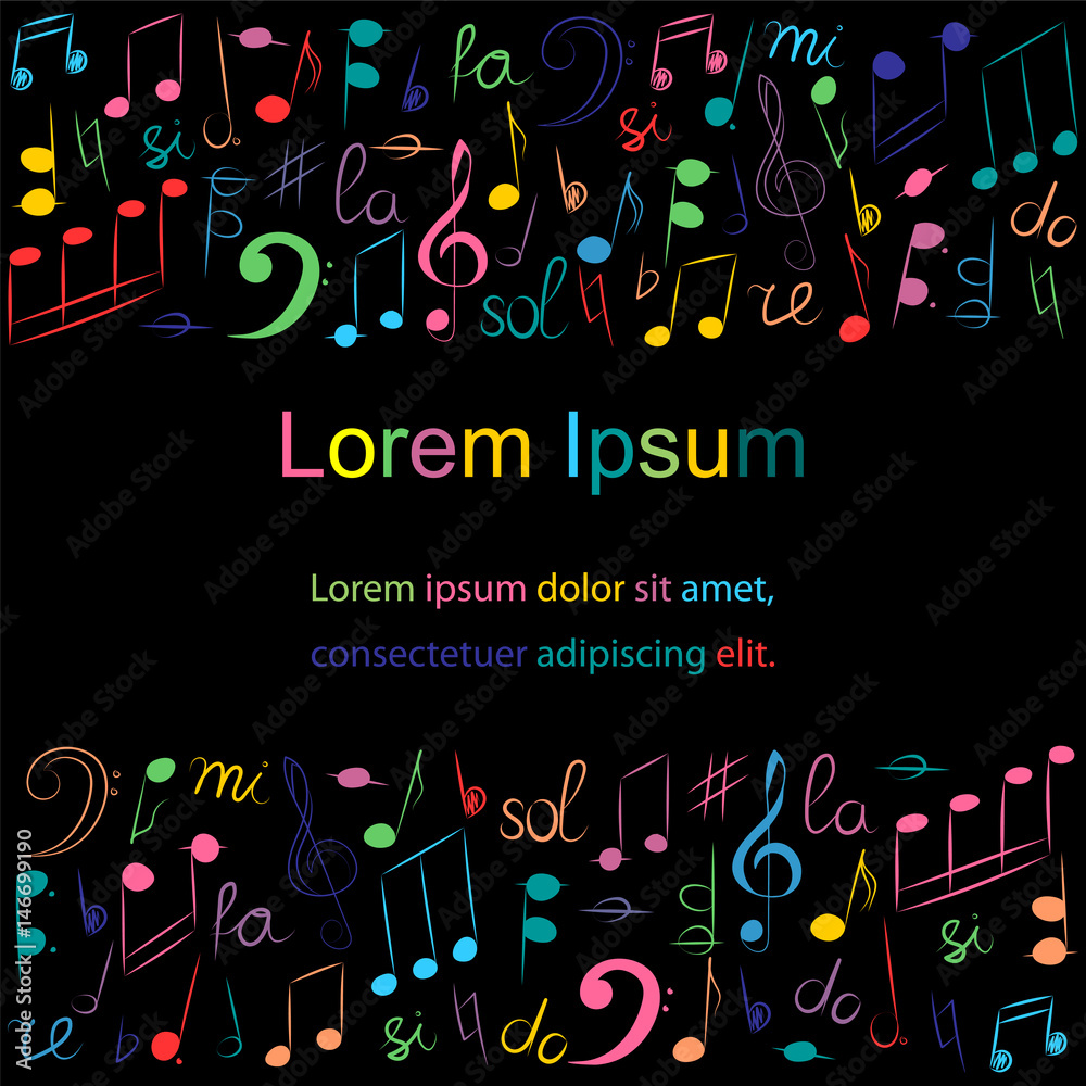 Colorful Hand Drawn Different Music Symbols. Doodle Treble Clef, Bass ...