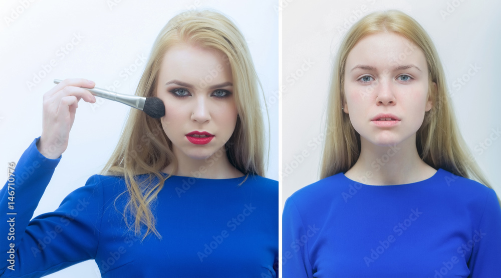 girl collage, comparison portrait of woman with and without makeup ...