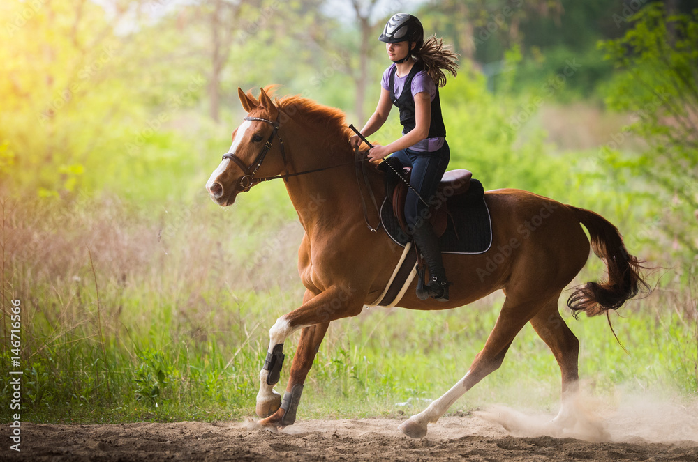 Young pretty girl riding a horse with backlit leaves behind in spring ...