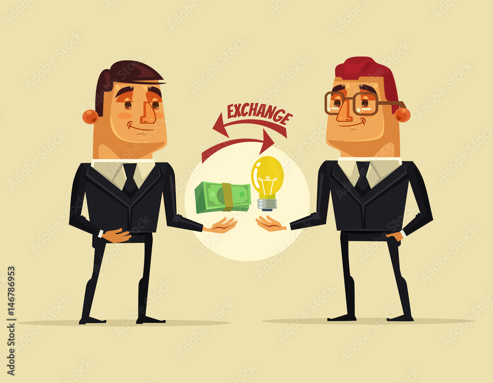 Office worker man character sells the idea for money to businessman ...