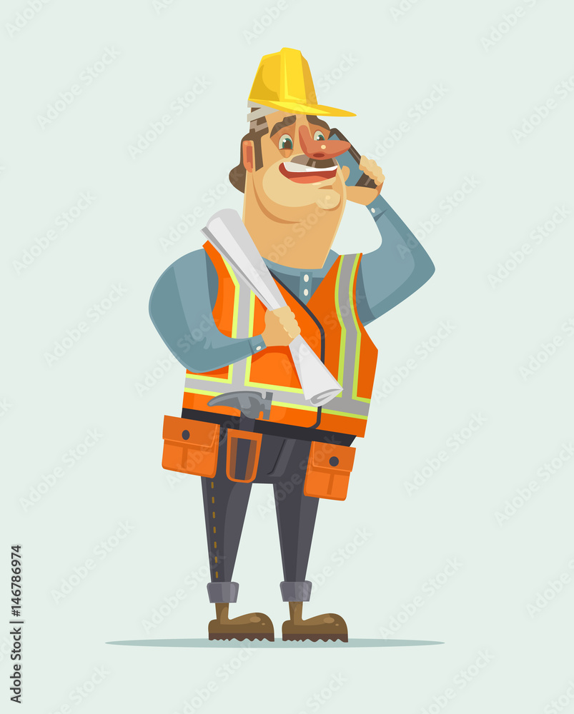 Happy smiling construction worker foreman boss man talking on mobile ...