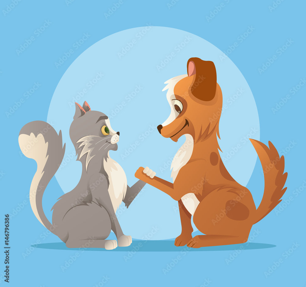 Cat and Dog characters best friends smiling and handshake. Vector flat ...