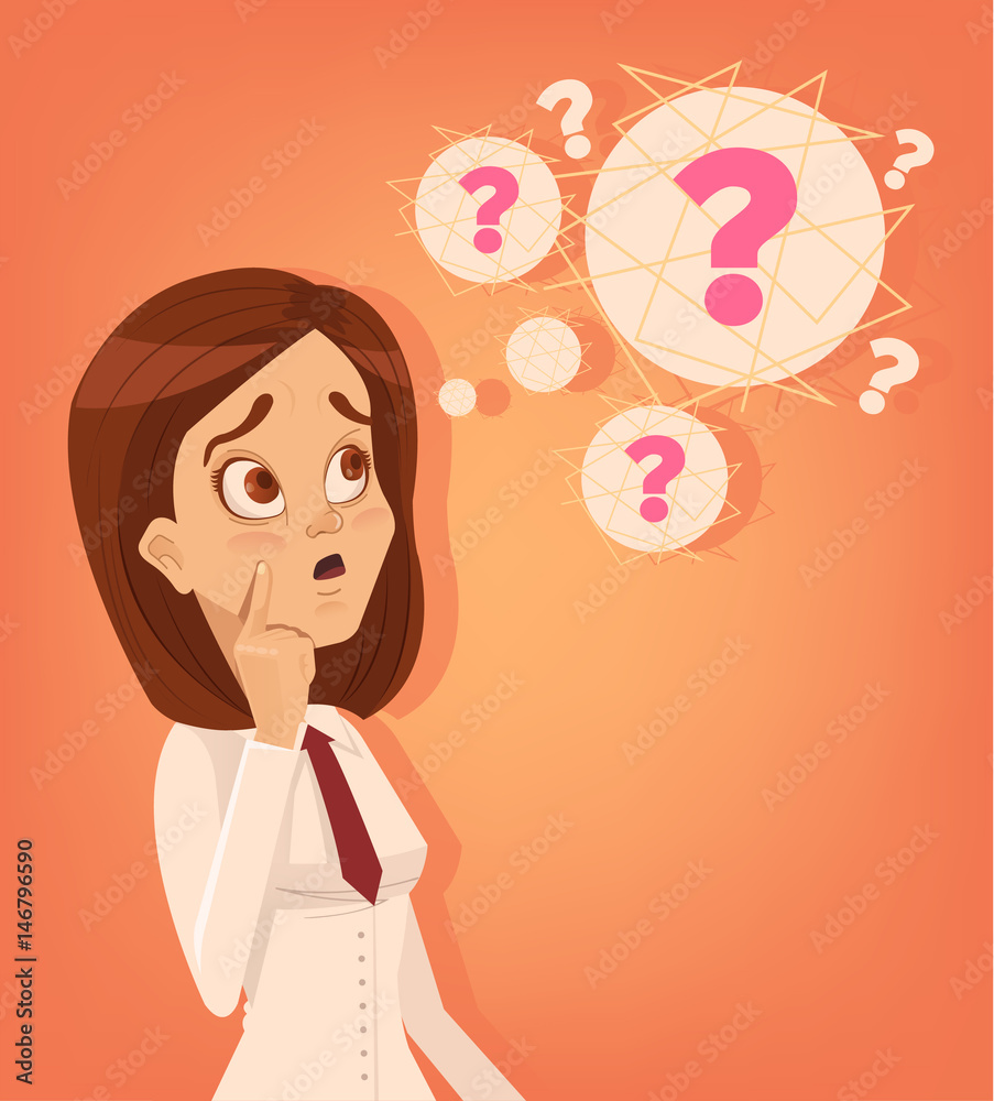 Confused office worker woman thinking and solving the problem. Vector ...