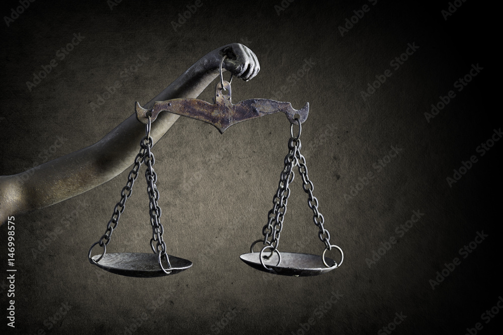 Lady Justice's hand holding Scale of Justice isolated on grunge ...