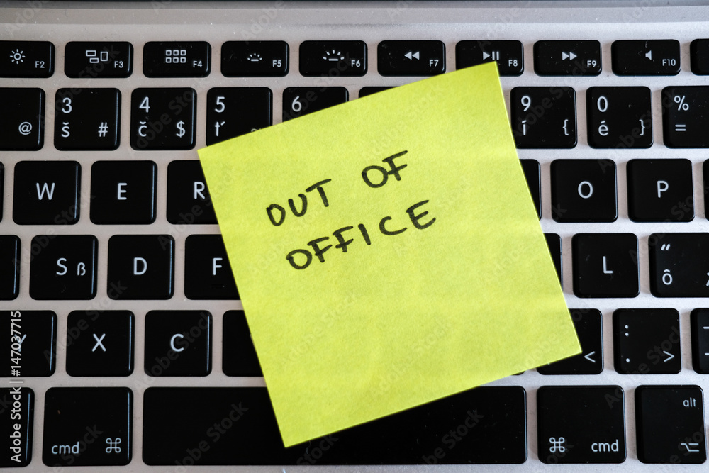 Vacation needed. Holiday office message on laptop. Out of office. Stock ...