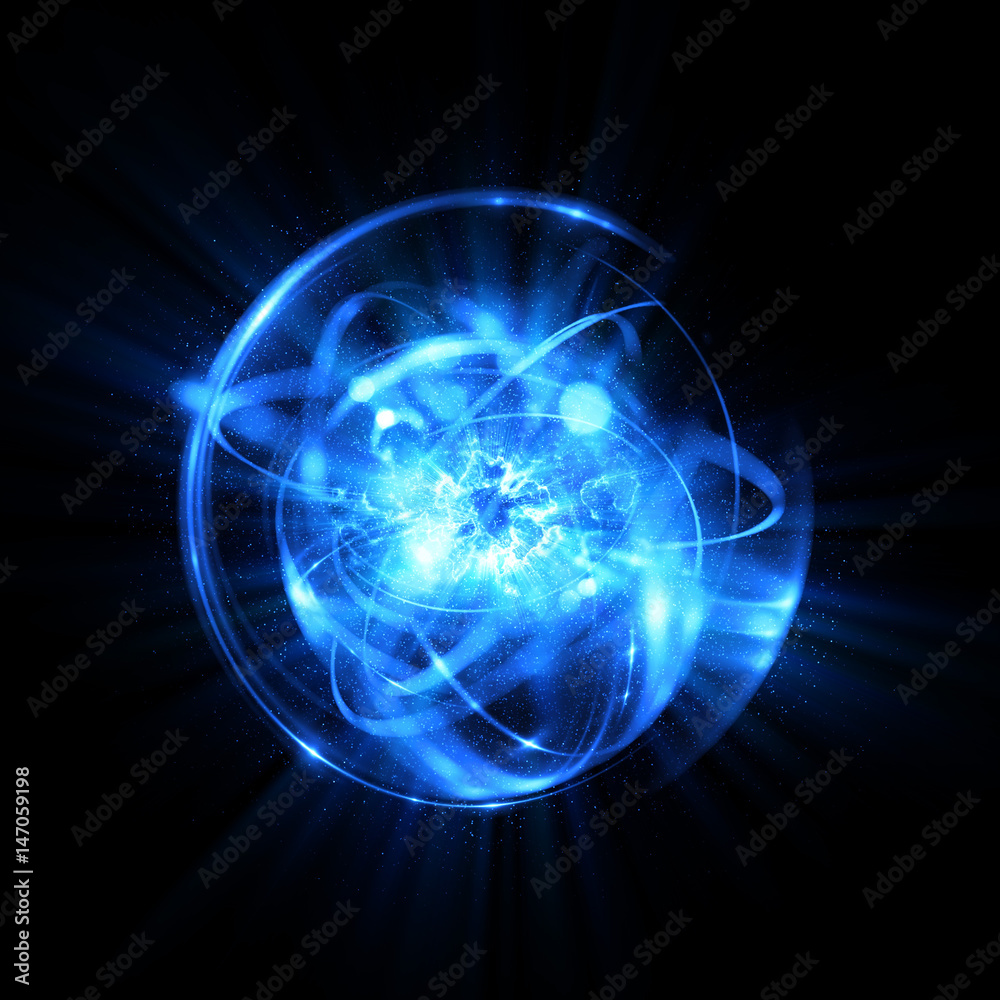 3D Atom icon. Luminous nuclear model on dark background. Glowing energy ...