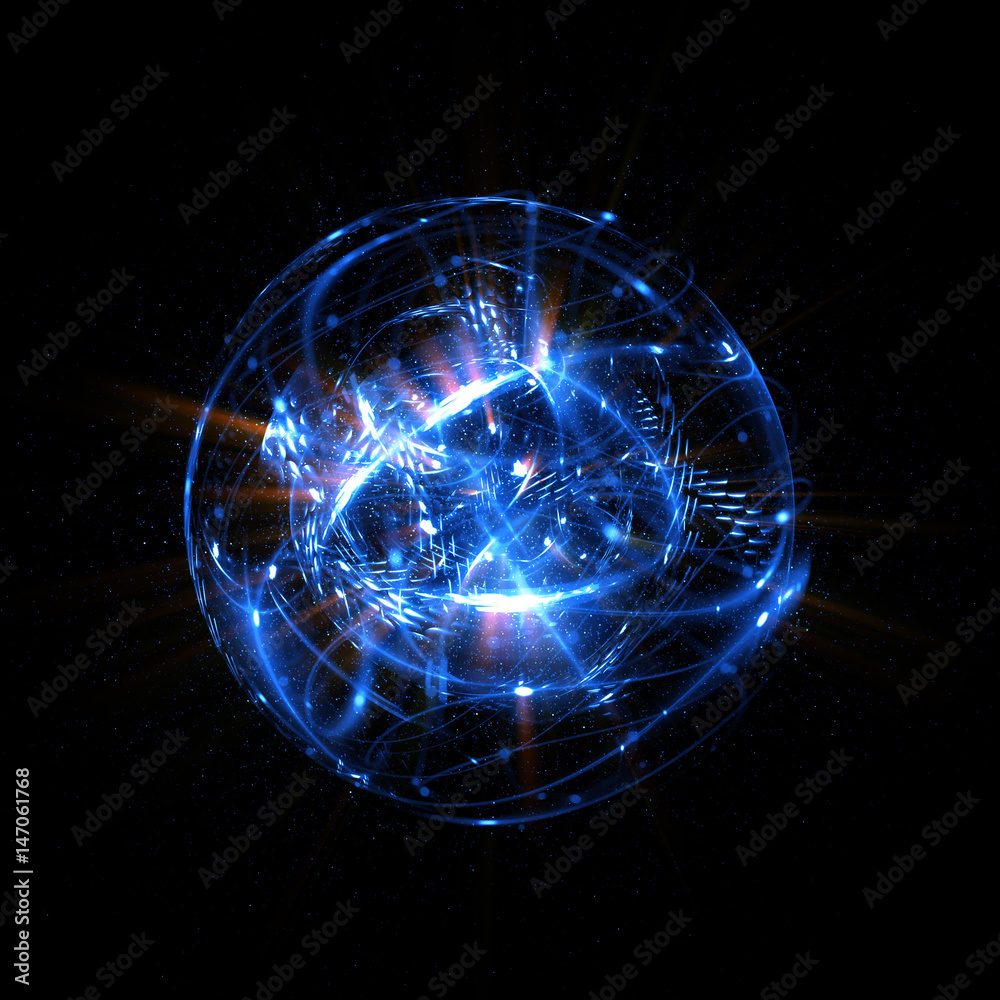 3D Atom icon. Luminous nuclear model on dark background. Glowing energy balls. Molecule ...
