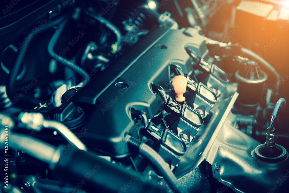 Powerful engine of a car. Internal design of engine with combustion and ...