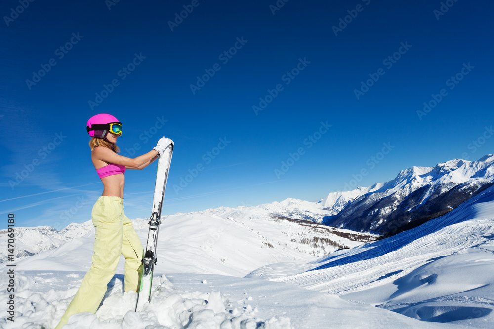 Foto Stock Topless Active Girl Posing Against Snowy Peaks Adobe Stock