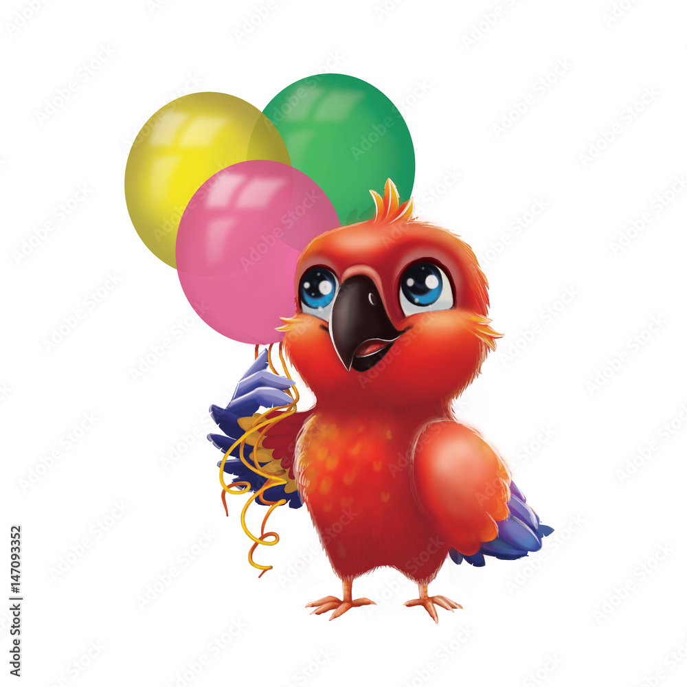 Cute Parakeet Parrot Holding Party Balloons - Kids Happy Birthday from ...