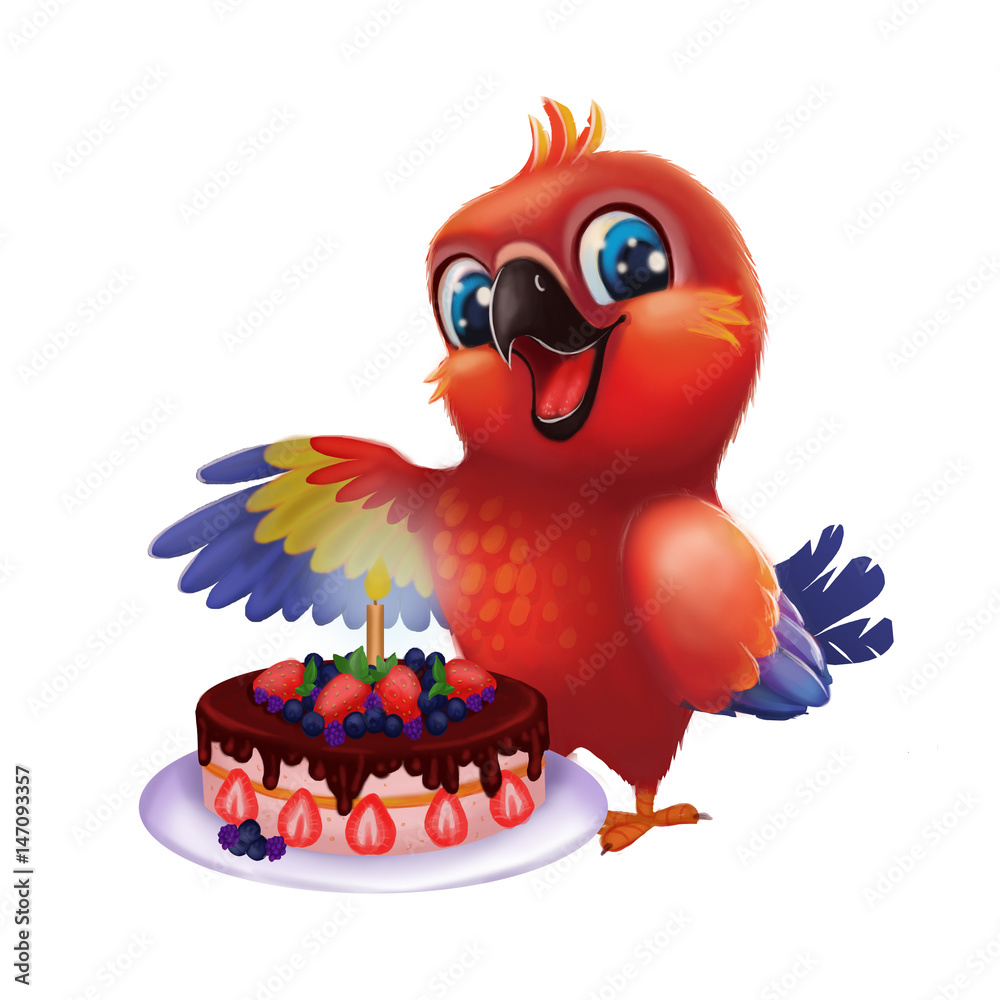 Smiling, Happy Parakeet Parrot Presenting Party Cake to Friend - Kids ...