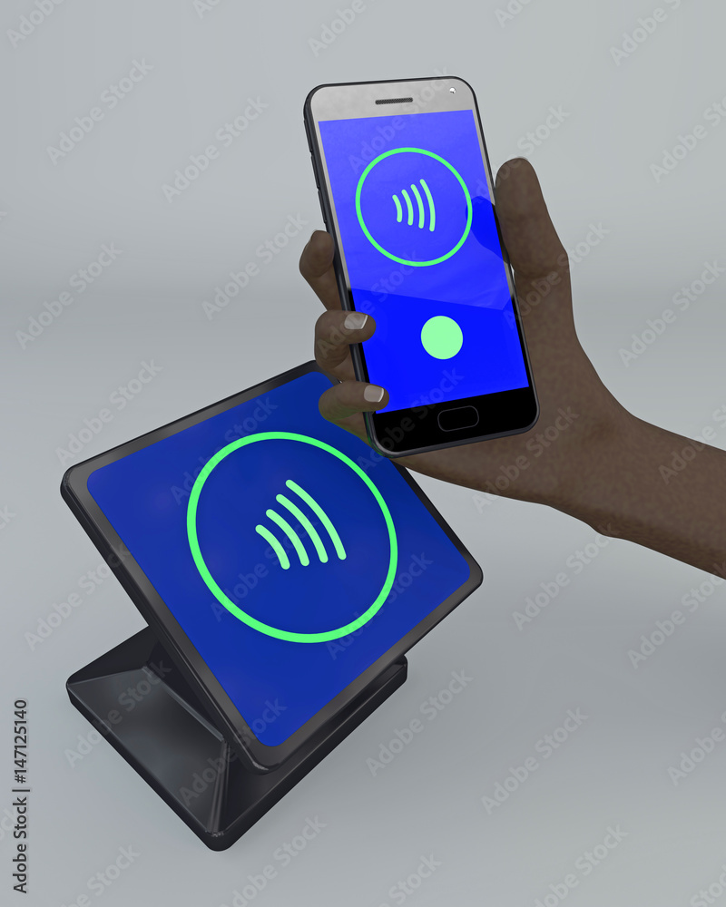 3D illustration of an African human hand paying with NFC technology at ...