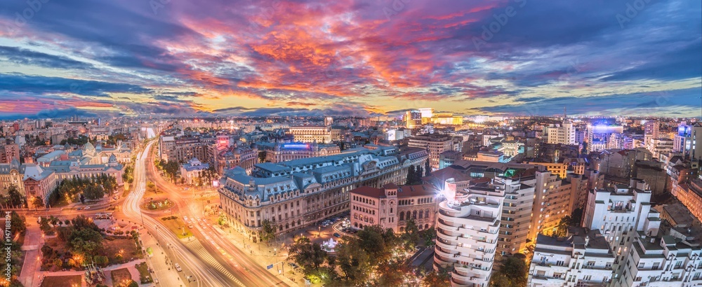 Panorama of traffic lights in the center of the capital city of Romania ...
