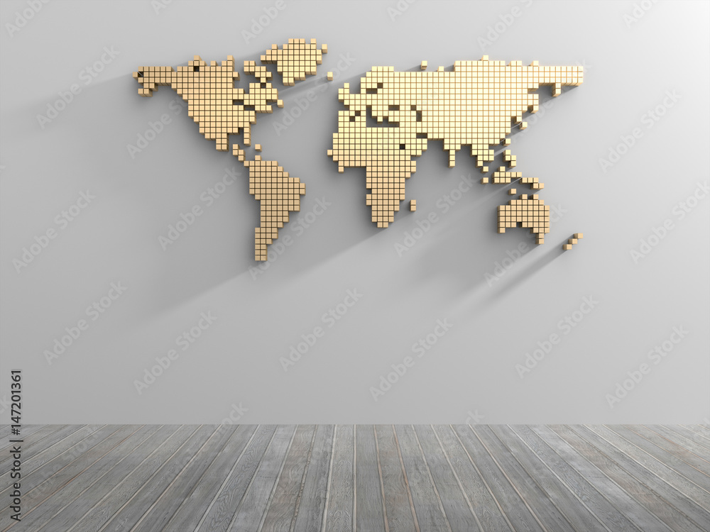 world map made by golden cube box on white wall in empty room.3D ...