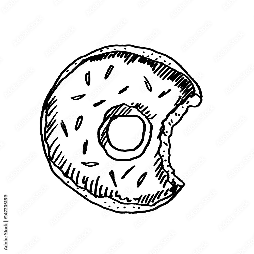 Hand drawn eaten donut isolated on white background. Sketch, vector ...