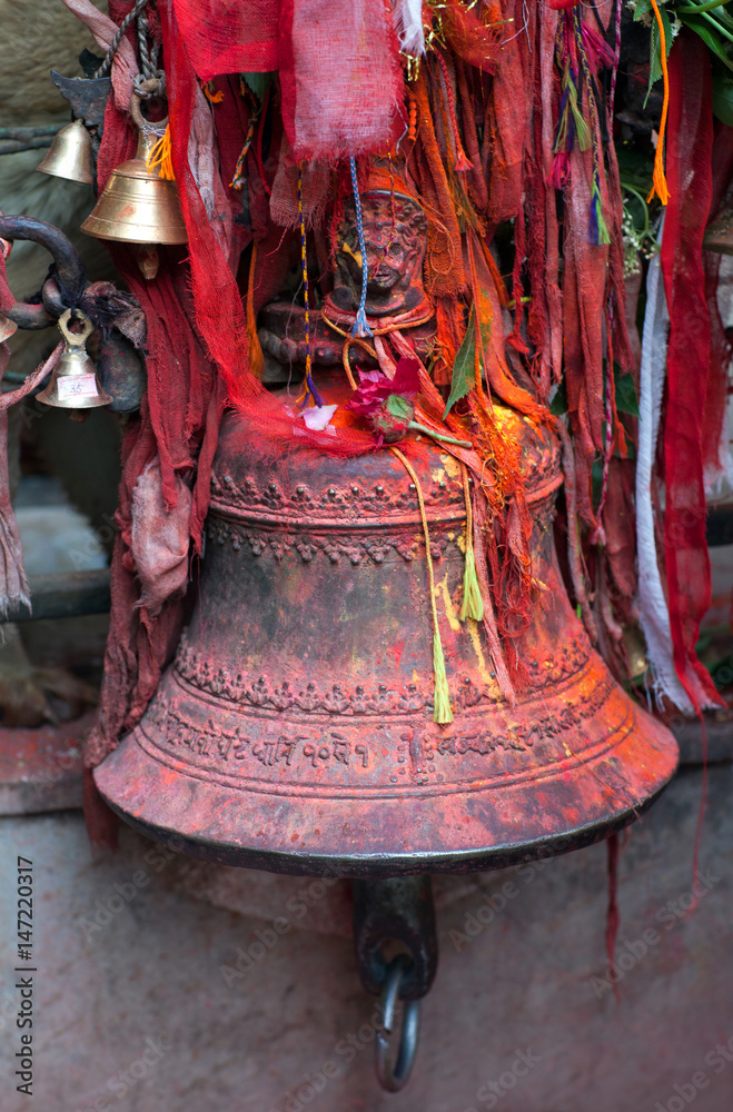 Beautiful bronze bell with sacred carvings in a hindu temple in ...