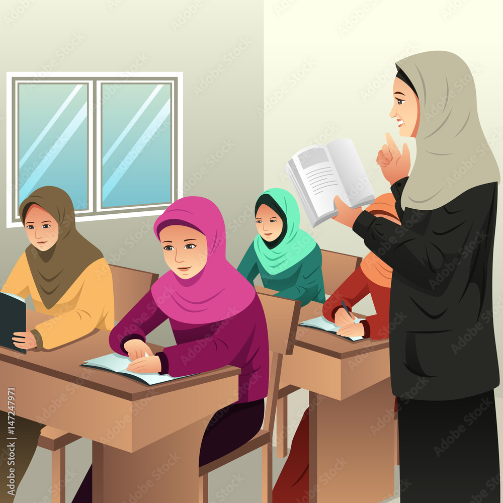 Muslim Students in a Classroom with Her Teacher Stock Vector | Adobe Stock