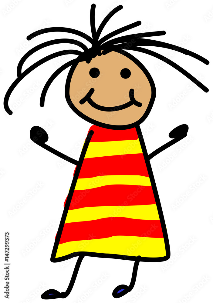 Simple child stickman illustration drawing of girl with wild hair in ...