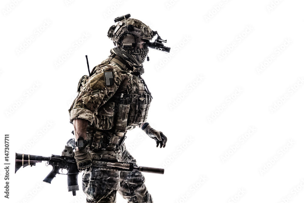 Army Ranger in field Uniforms with weapon, plate carrier and combat ...