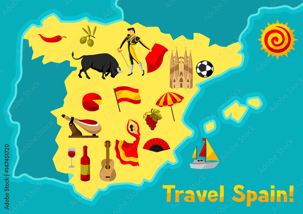 Map of Spain background design. Spanish traditional symbols and objects ...