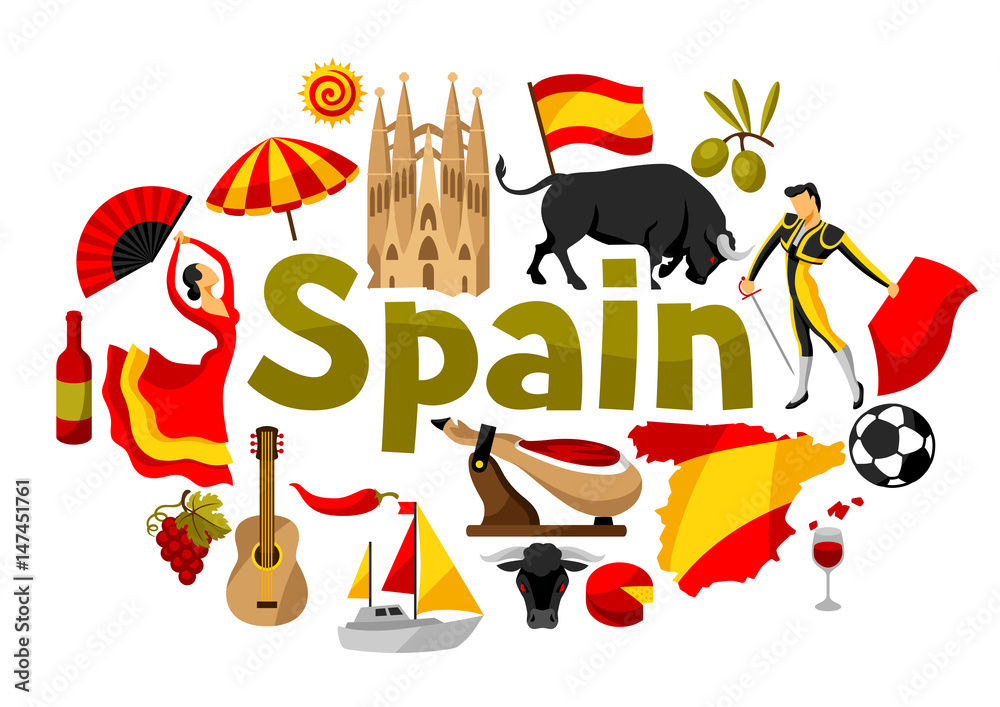 Spain background design. Spanish traditional symbols and objects Stock ...