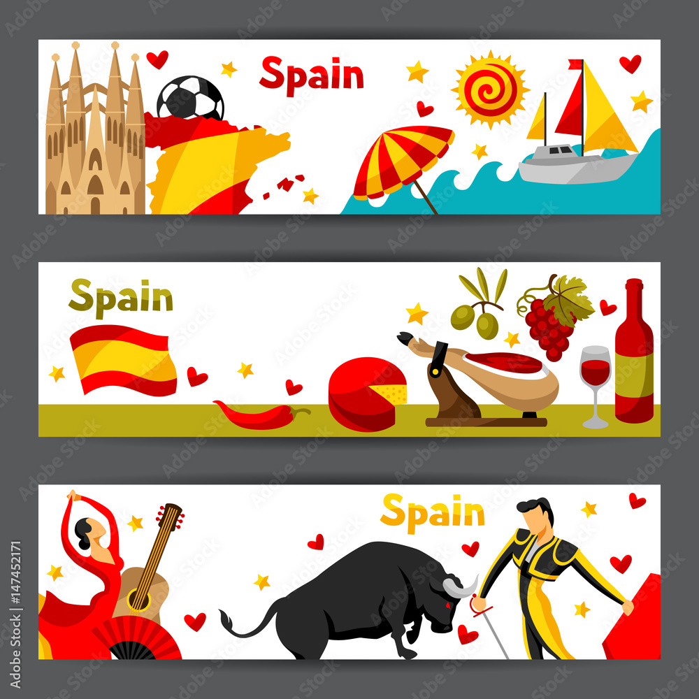 Spain banners design. Spanish traditional symbols and objects Stock ...