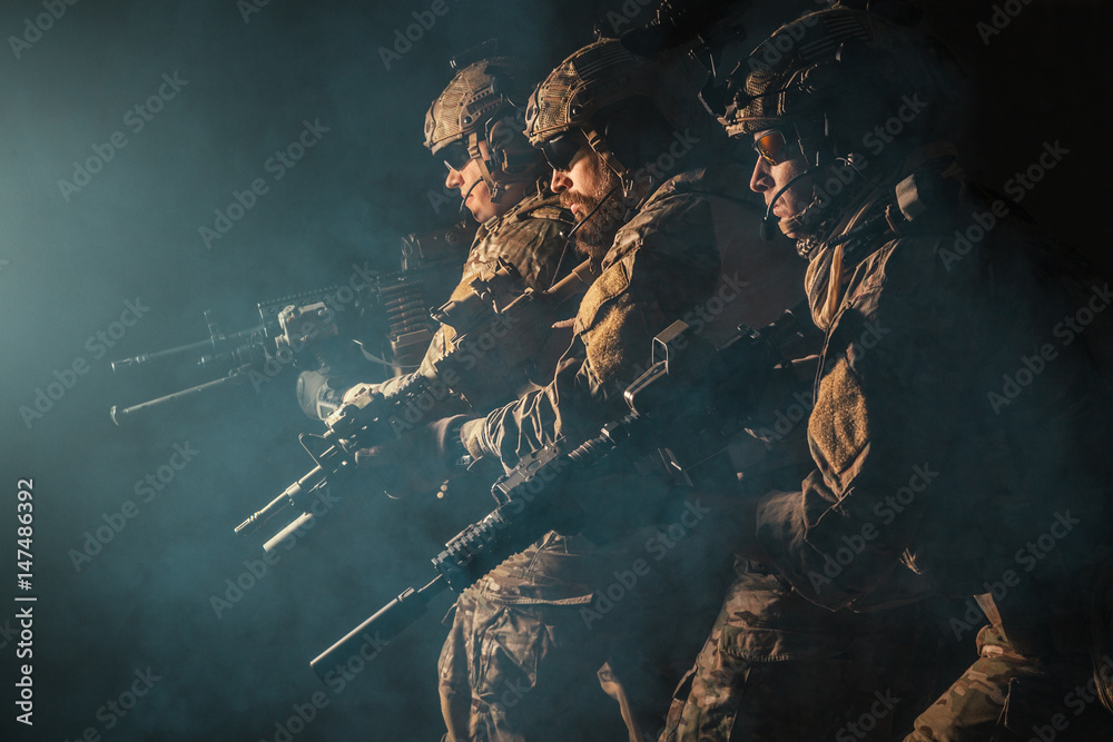 Group of security forces in Combat Uniforms with rifles, lined in the ...
